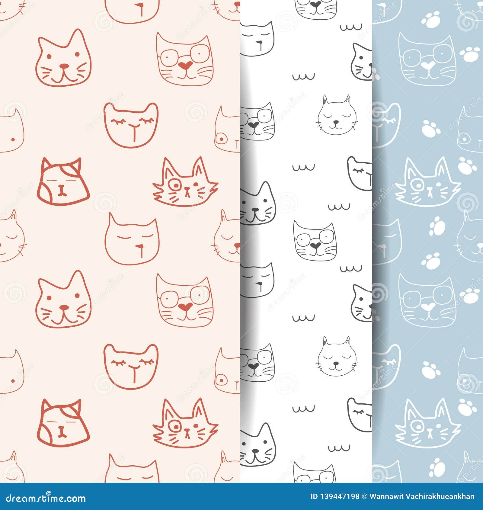 Seamless Head Cats Pattern Set Stock Vector - Illustration of black ...