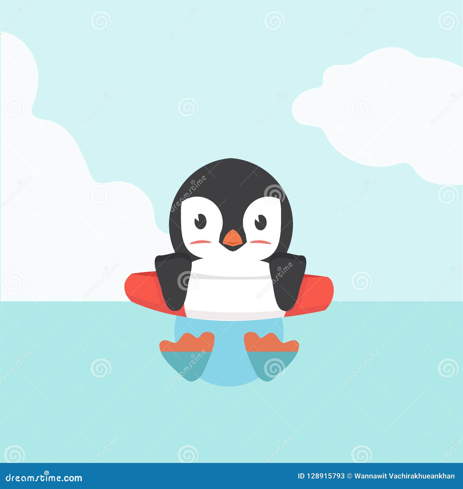 Cute Penguin Swimming Inflatable Ring Cartoon Stock Vector ...