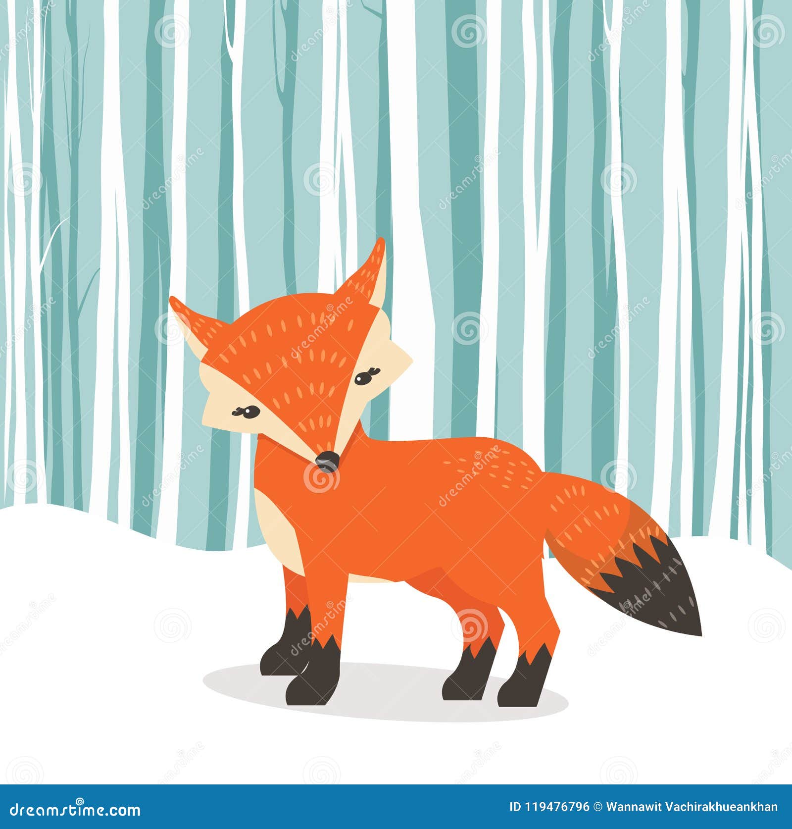 Cute Fox Cartoon Fox Flat Style WithWinter Background Stock Vector ...
