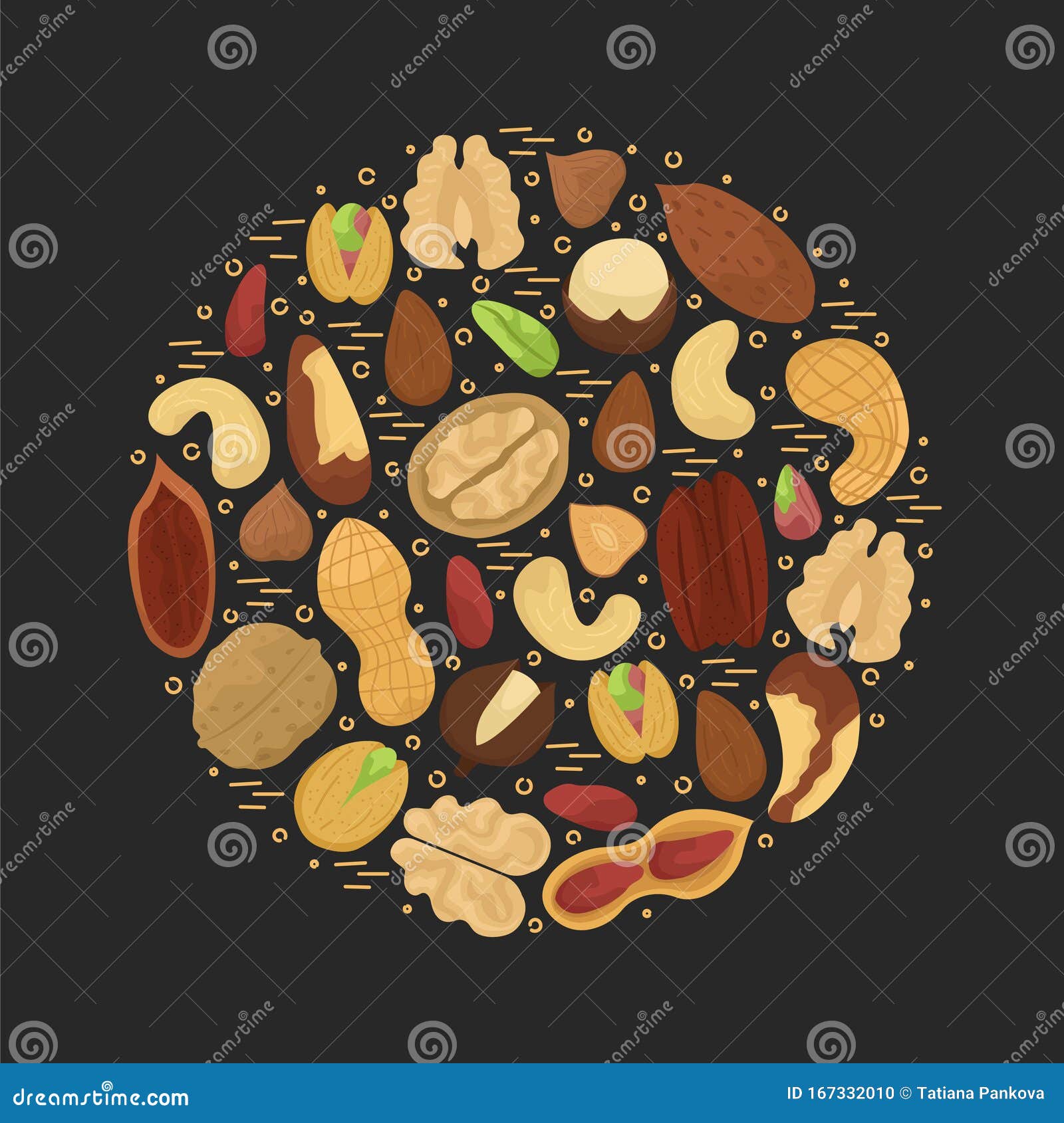 Vector Illustration with Flat Nuts Arranged in a Circle Shape Stock ...