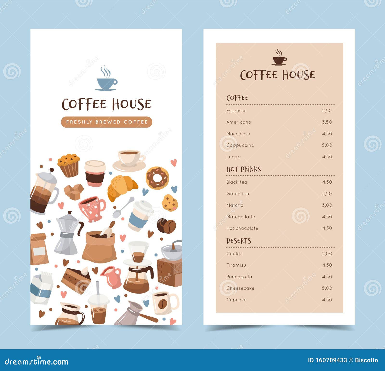 Coffee Menu Template with Different Coffee Elements. Cute Cartoon Icons ...