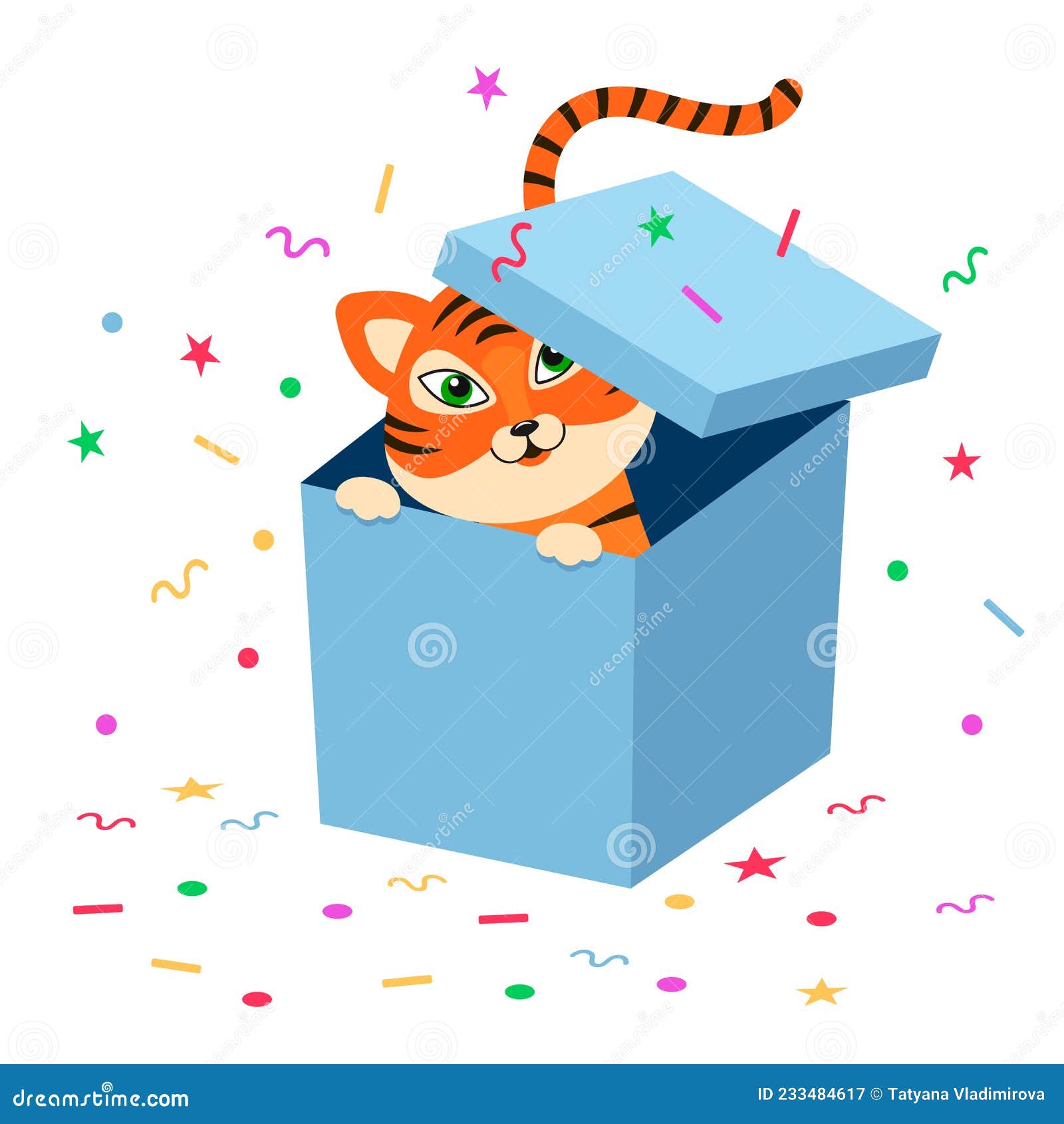 Vector Illustration in a Flat Style. a Gift Box in Which a Tiger Cub is ...