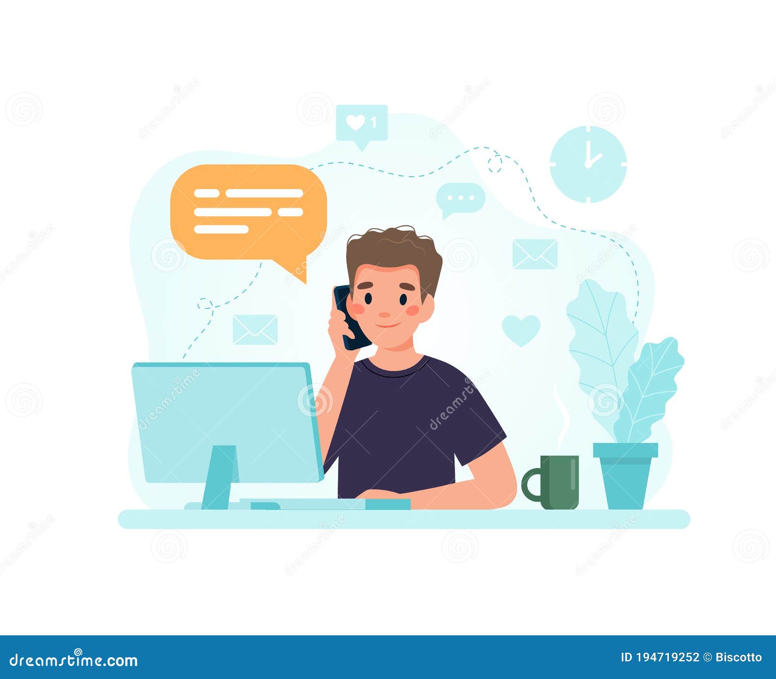 Man Sitting at a Desk with Computer Responding To a Call. Vector ...