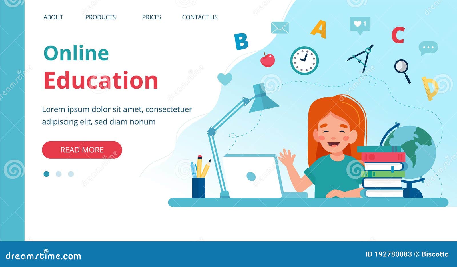 Online Learning Template with Girl Studying with Computer. Vector ...