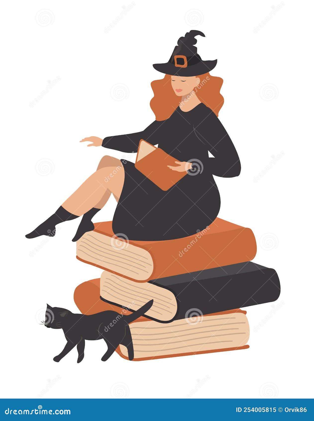 Vector Illustration in Flat Style. a Red-haired Witch in a Hat Sits on ...
