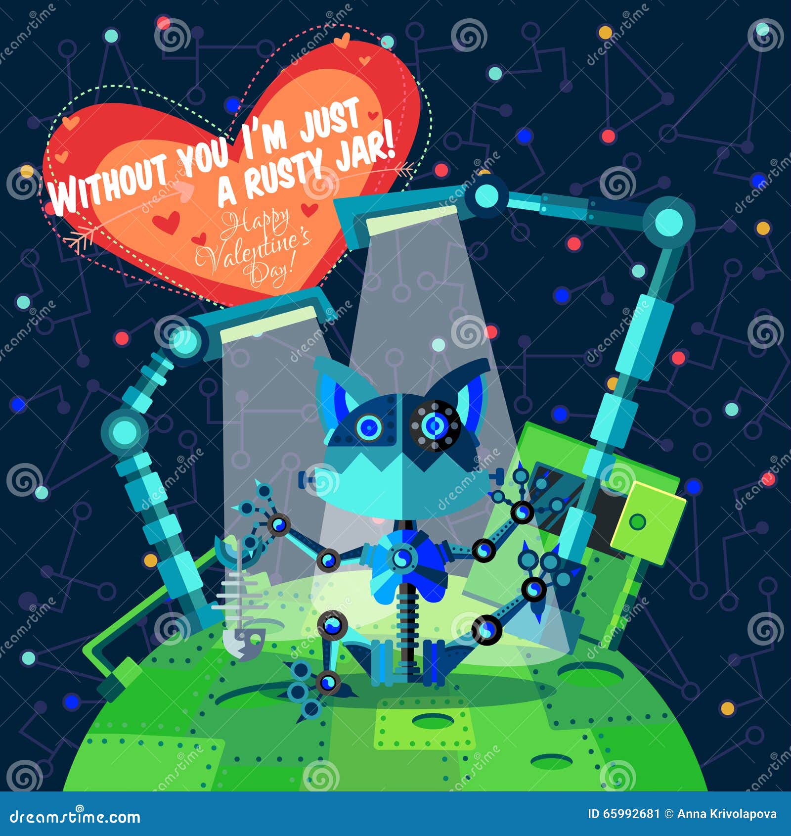 Vector Illustration in Flat Style about Robot. Greeting Card Stock ...