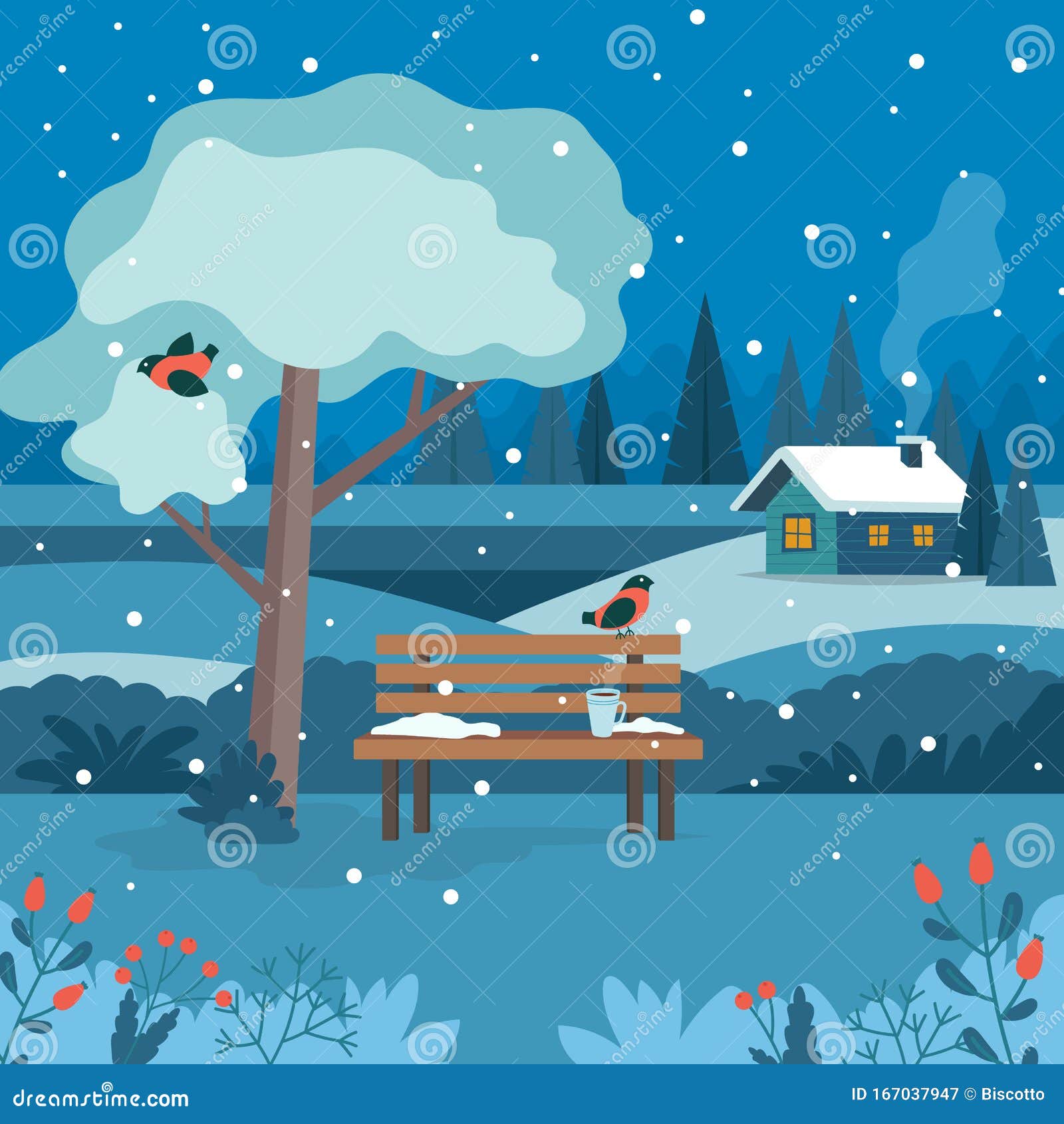 Winter Landscape with Bench at Night. Cute Vector Illustration in Flat ...