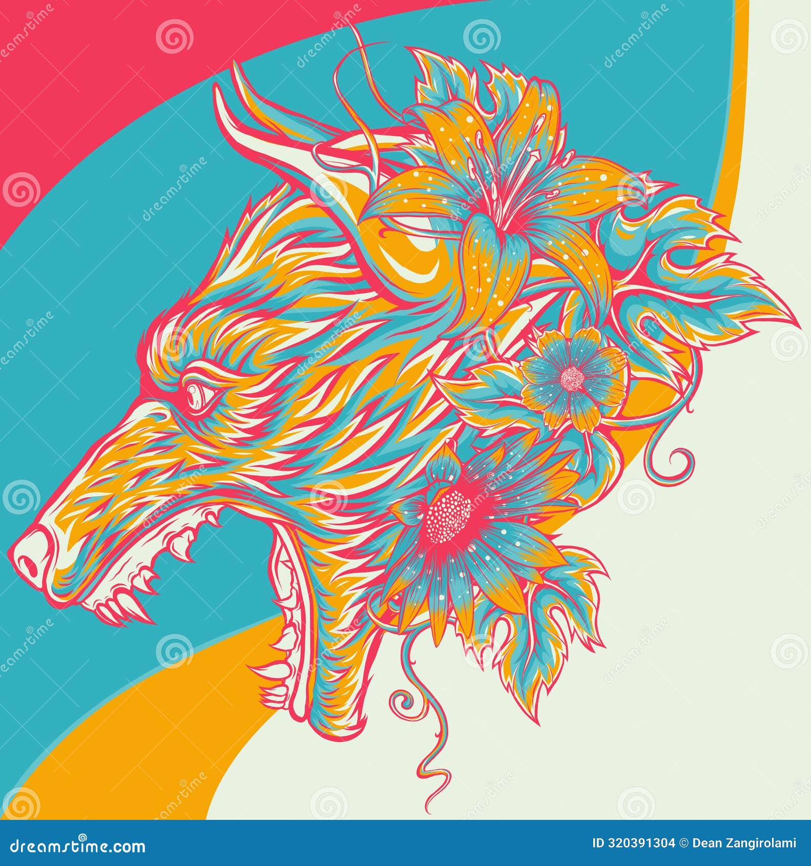 Vector Illustration of Flowers and Wolf S Head Stock Vector ...