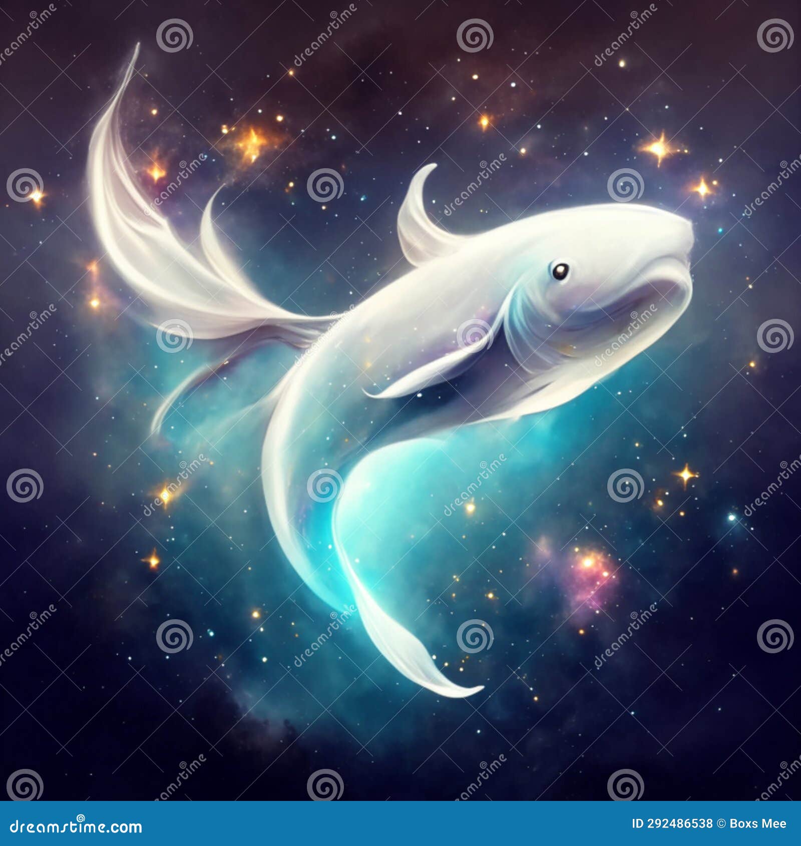 Vector Illustration of a Flying White Fish in the Night Sky with Stars ...