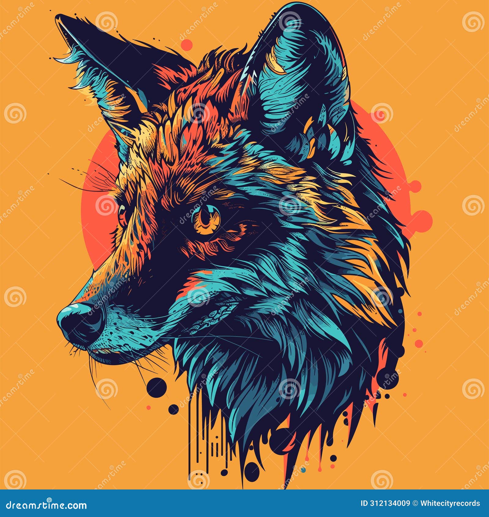 Vector Illustration of Fox Head with Grunge Splashes on Orange ...