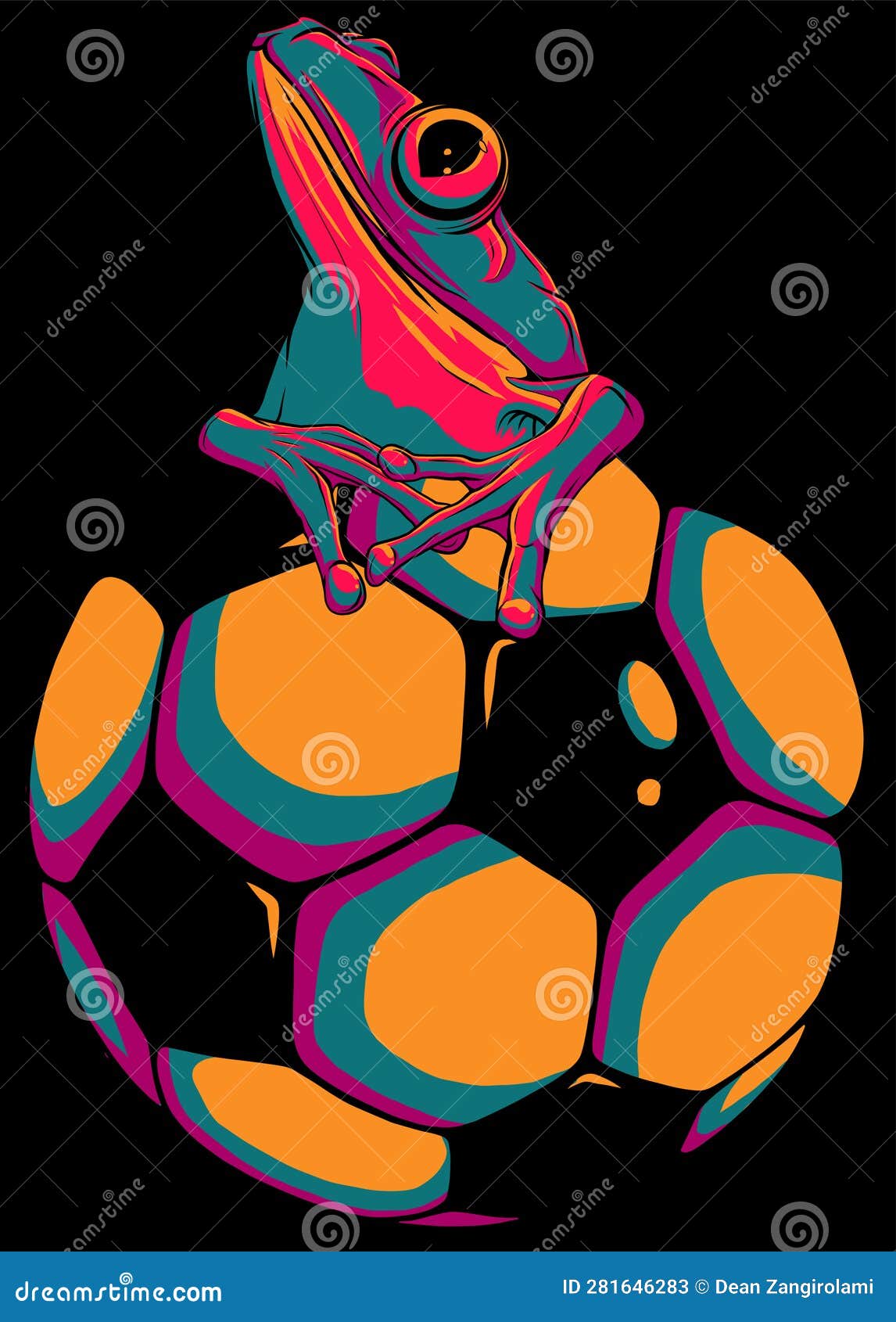Vector Illustration Frog Mascotte On A Soccer Ball On Black Background ...