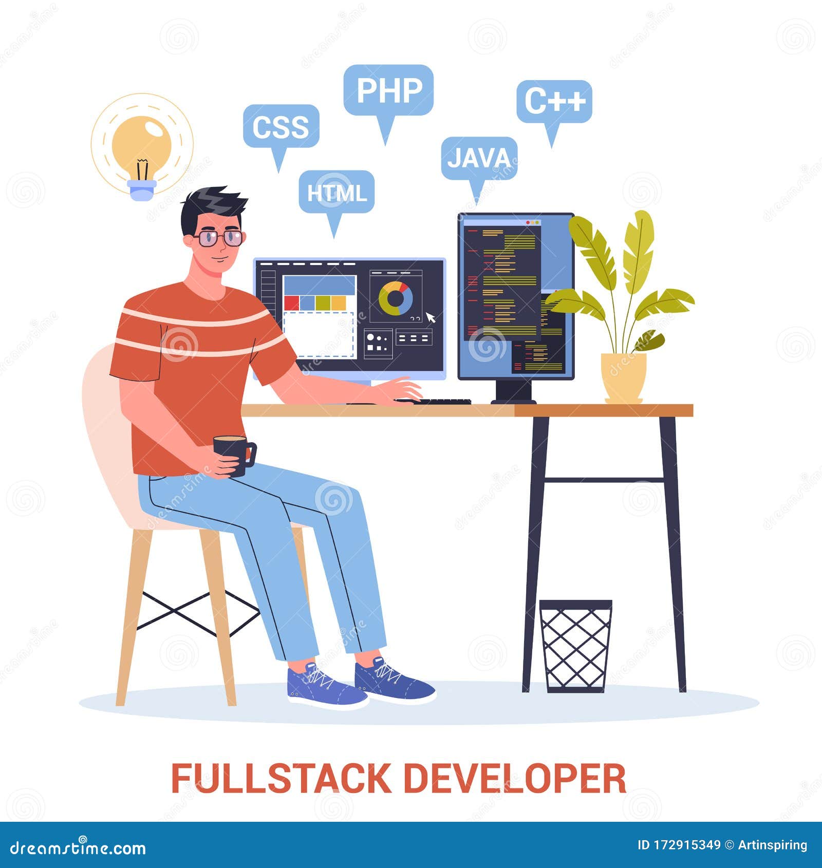 Vector Illustration of a Full Stack Developer Working on Computer ... Vector Illustration of a Full Stack Developer Working on Computer ...