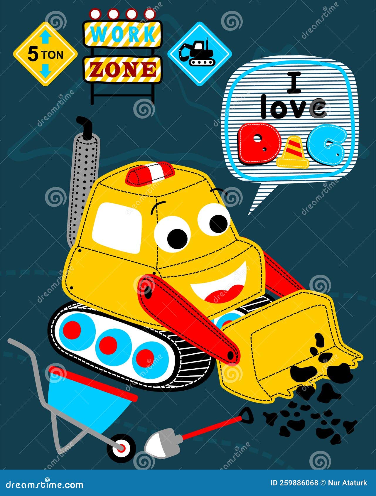 Vector Illustration of Funny Digger Working with Worker Tools and ...