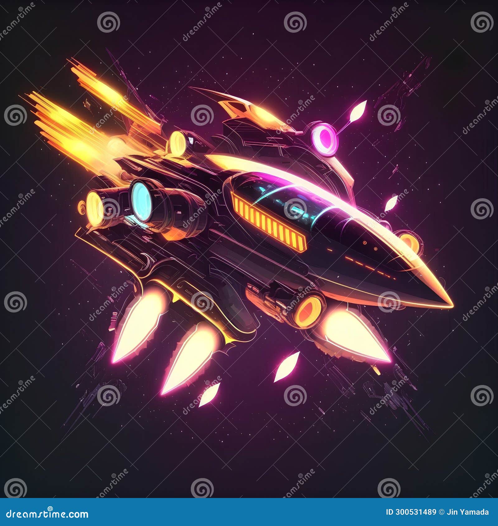Vector Illustration of Futuristic Spaceship in Neon Style. Futuristic ...