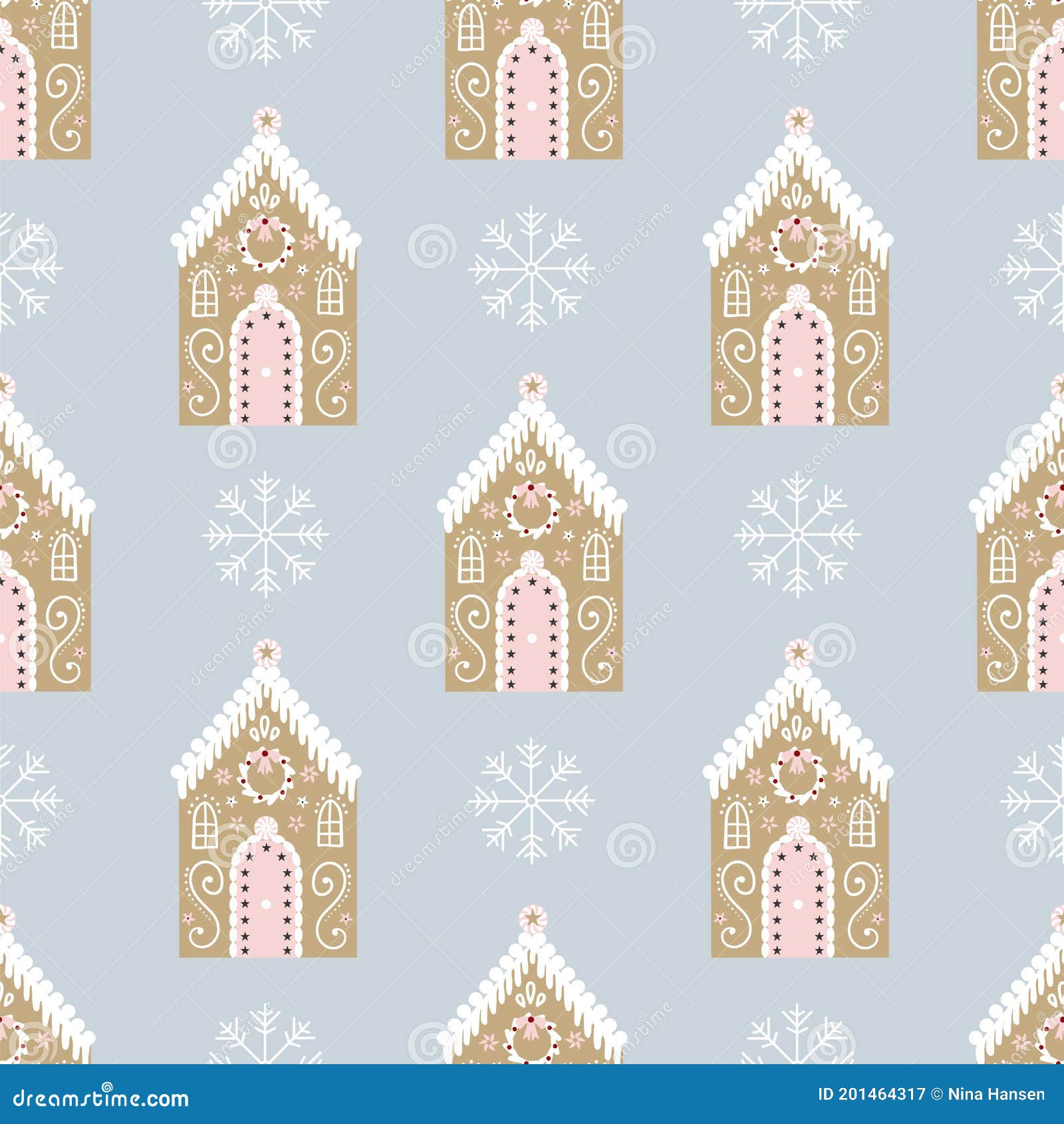 Vector Illustration Gingerbread House and Snowflakes Seamless Repeat ...