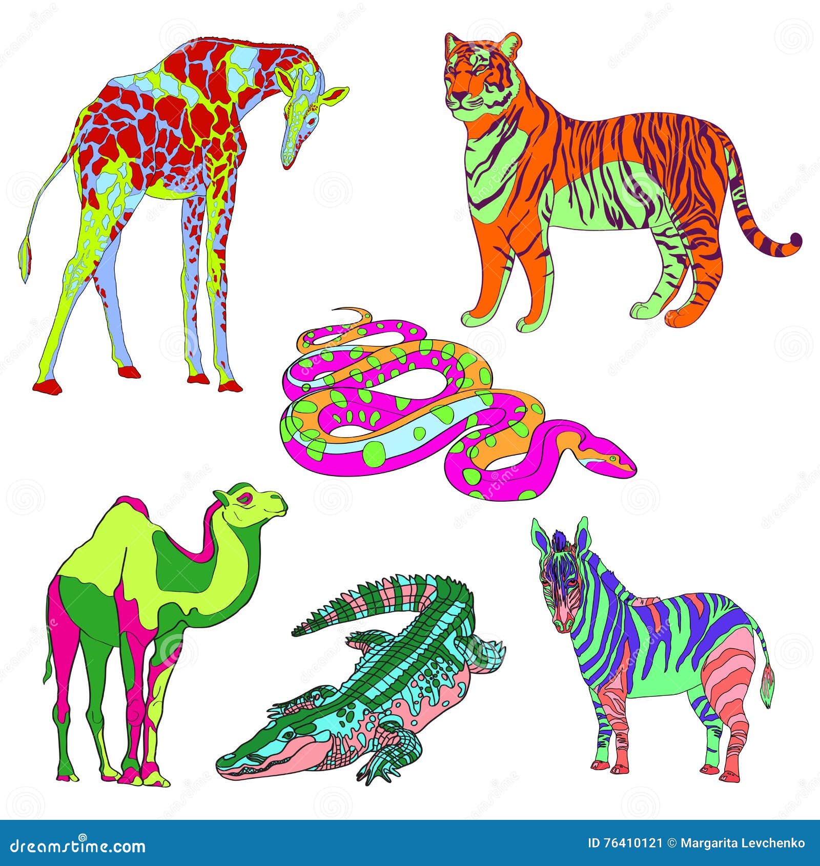 Vector Illustration Giraffe, Zebra, Crocodile, Camel, Snake and Tiger ...