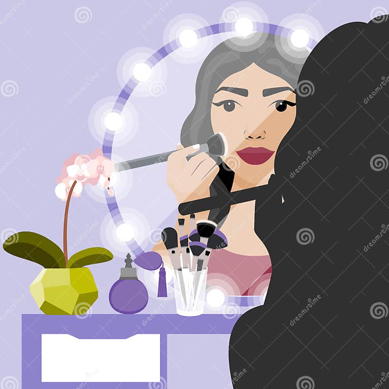 Vector Illustration with Girl Doing Makeup Tutorial at Vanity Table ...