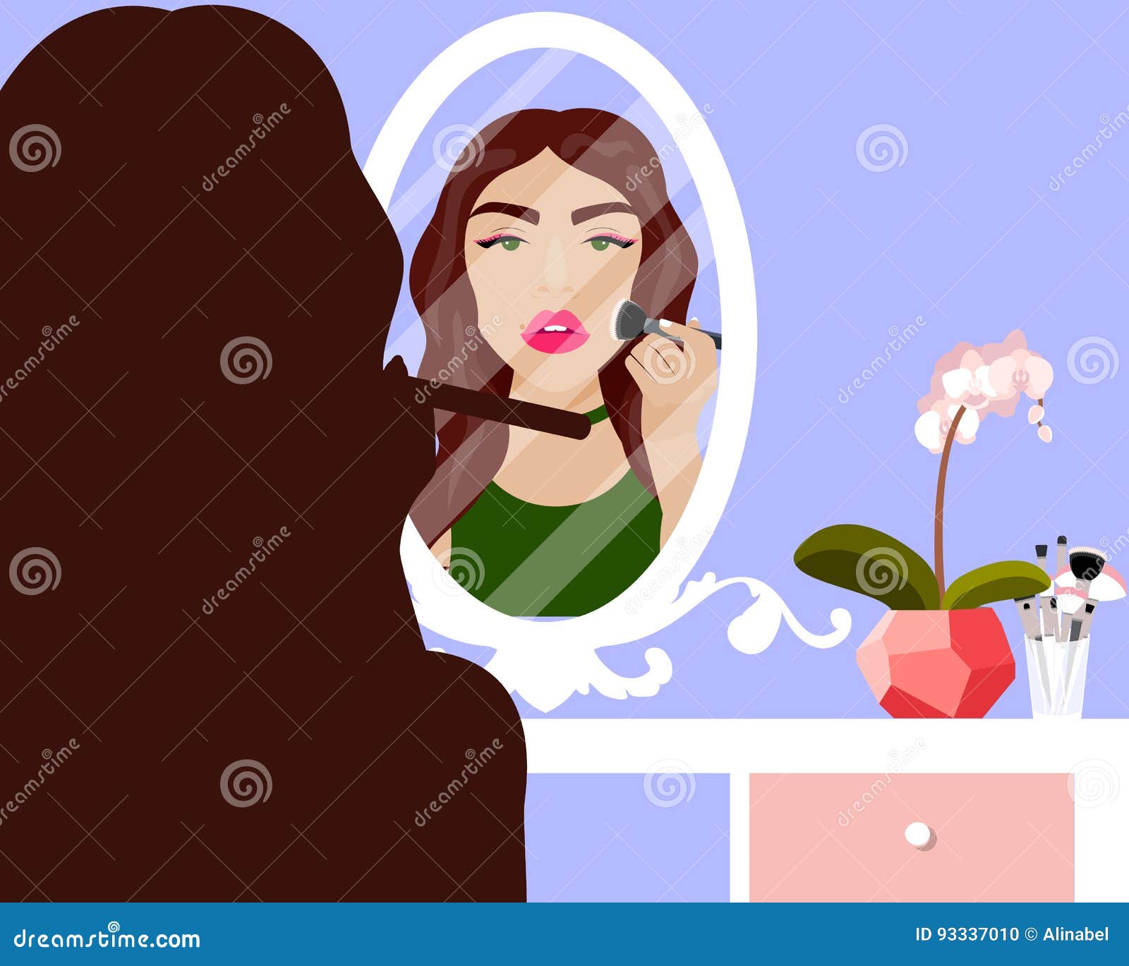 Vector Illustration with Girl Doing Makeup Tutorial at Vanity Table ...
