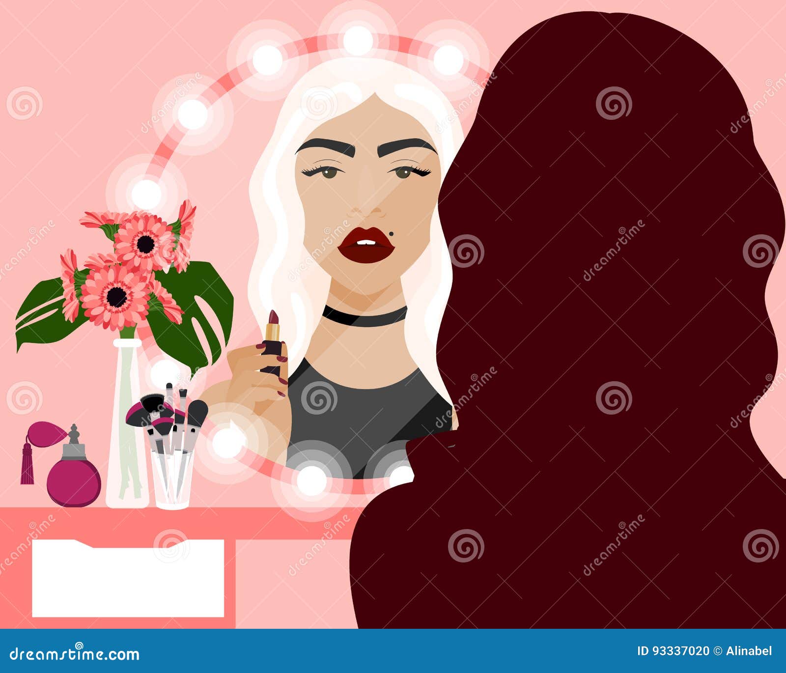 Vector Illustration with Girl Doing Makeup Tutorial at Vanity Table ...