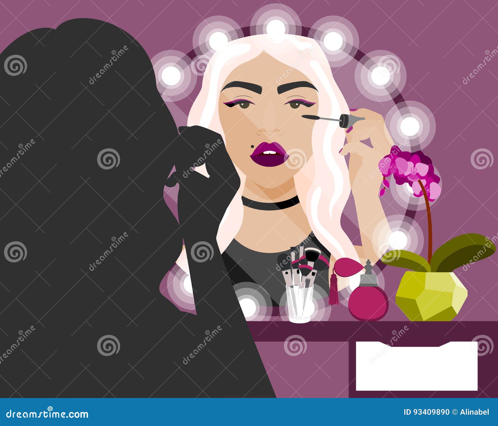 Vector Illustration with Girl Doing Makeup Tutorial at Vanity Table ...