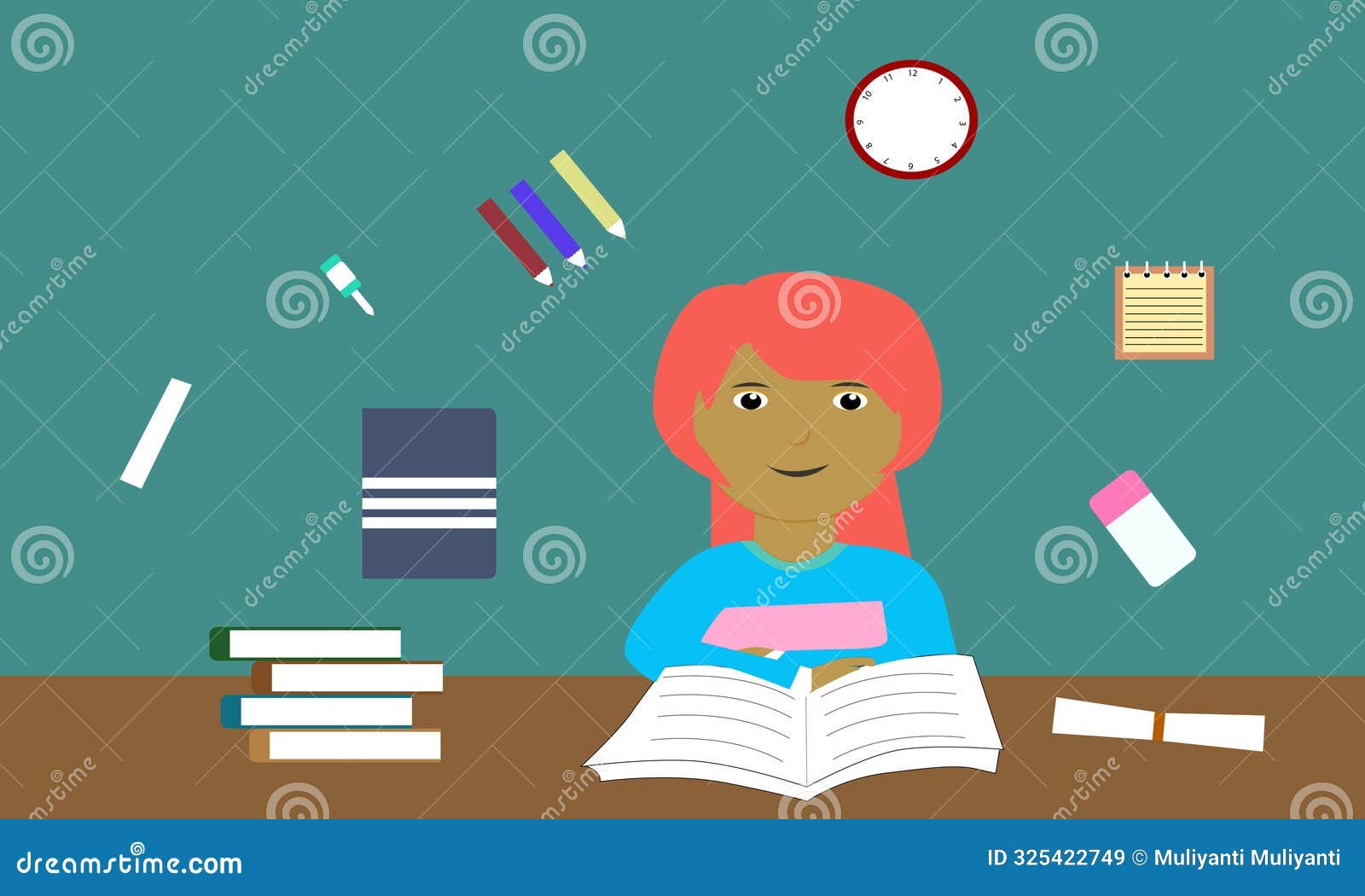 Vector Illustration a Girl is Learning in Front of Table Stock ...