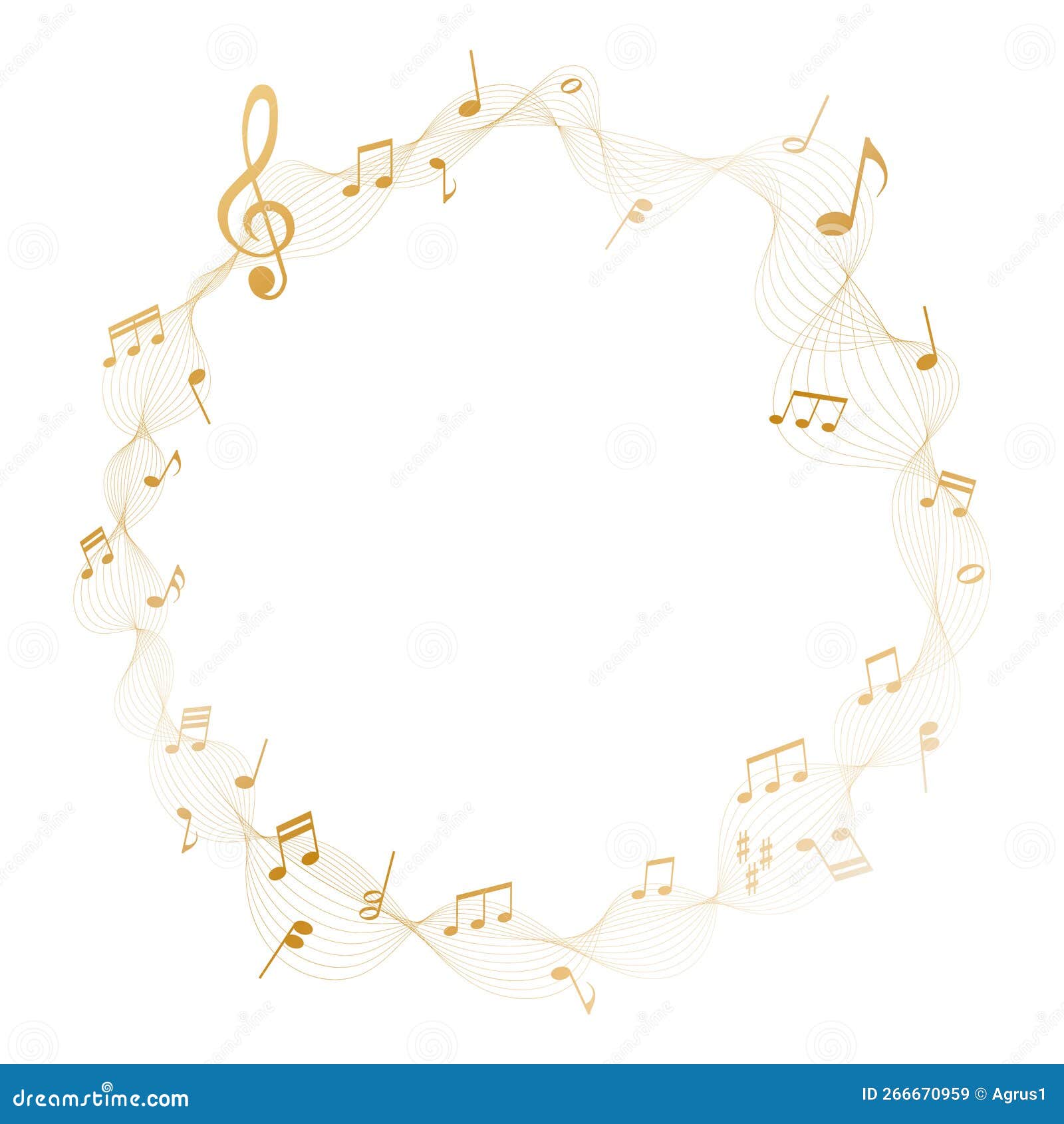Vector Illustration of Gold Colored Sheet Music Circle Frame - Musical ...