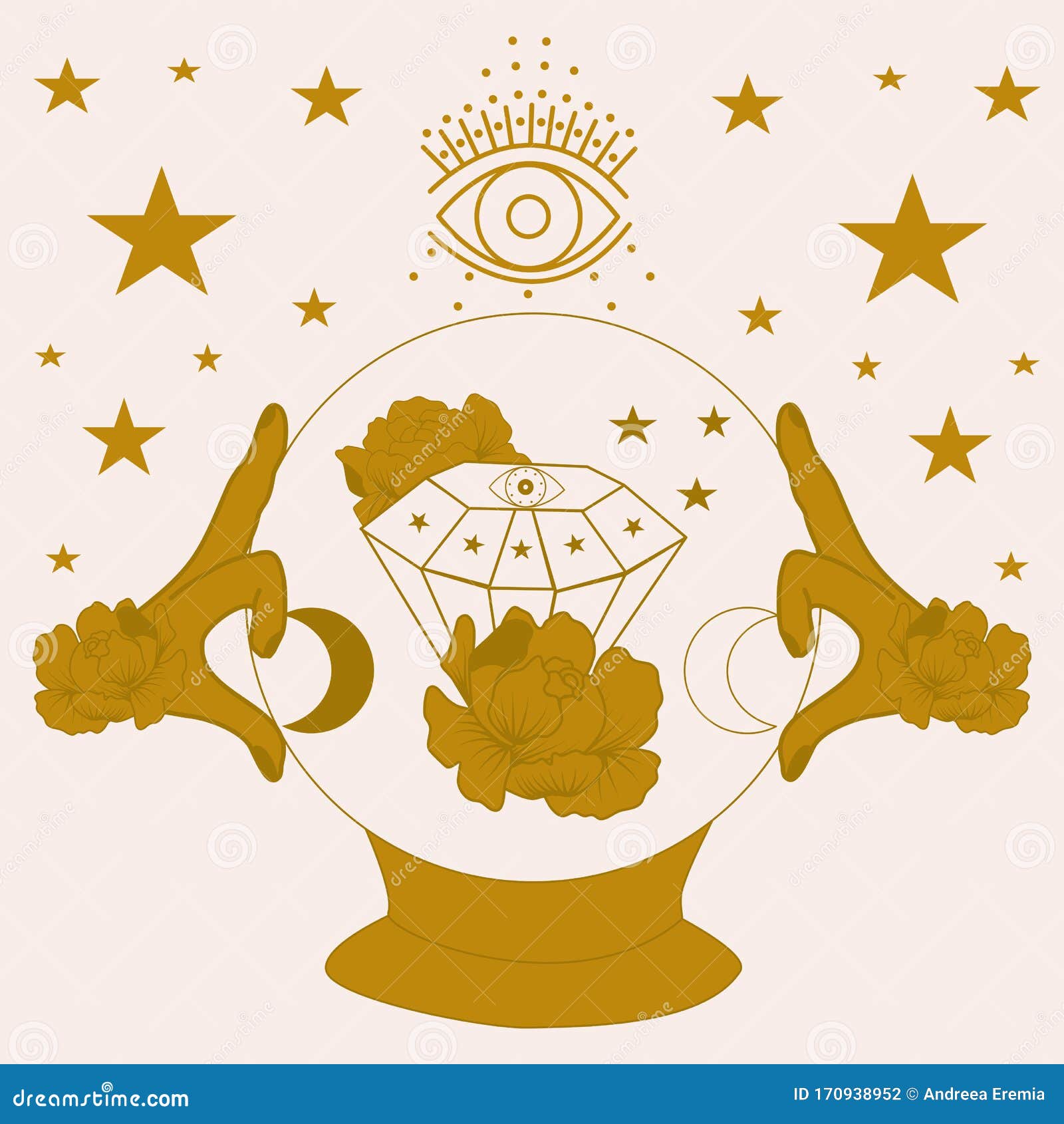 Vector Illustration with Golden Magic Globe, Hands and Celestials Stock ...