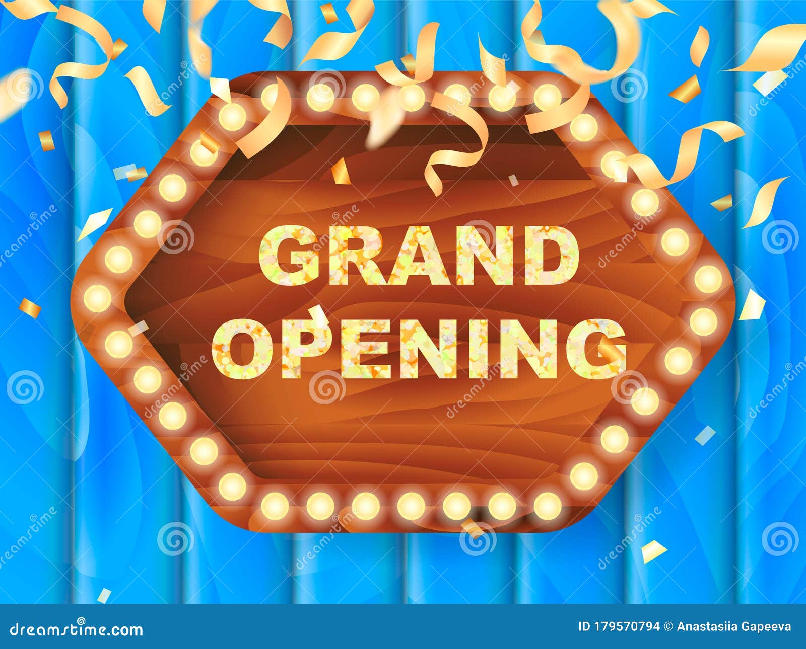 Vector Illustration. Grand Opening. Wooden Frame with Light Bulbs Stock ...