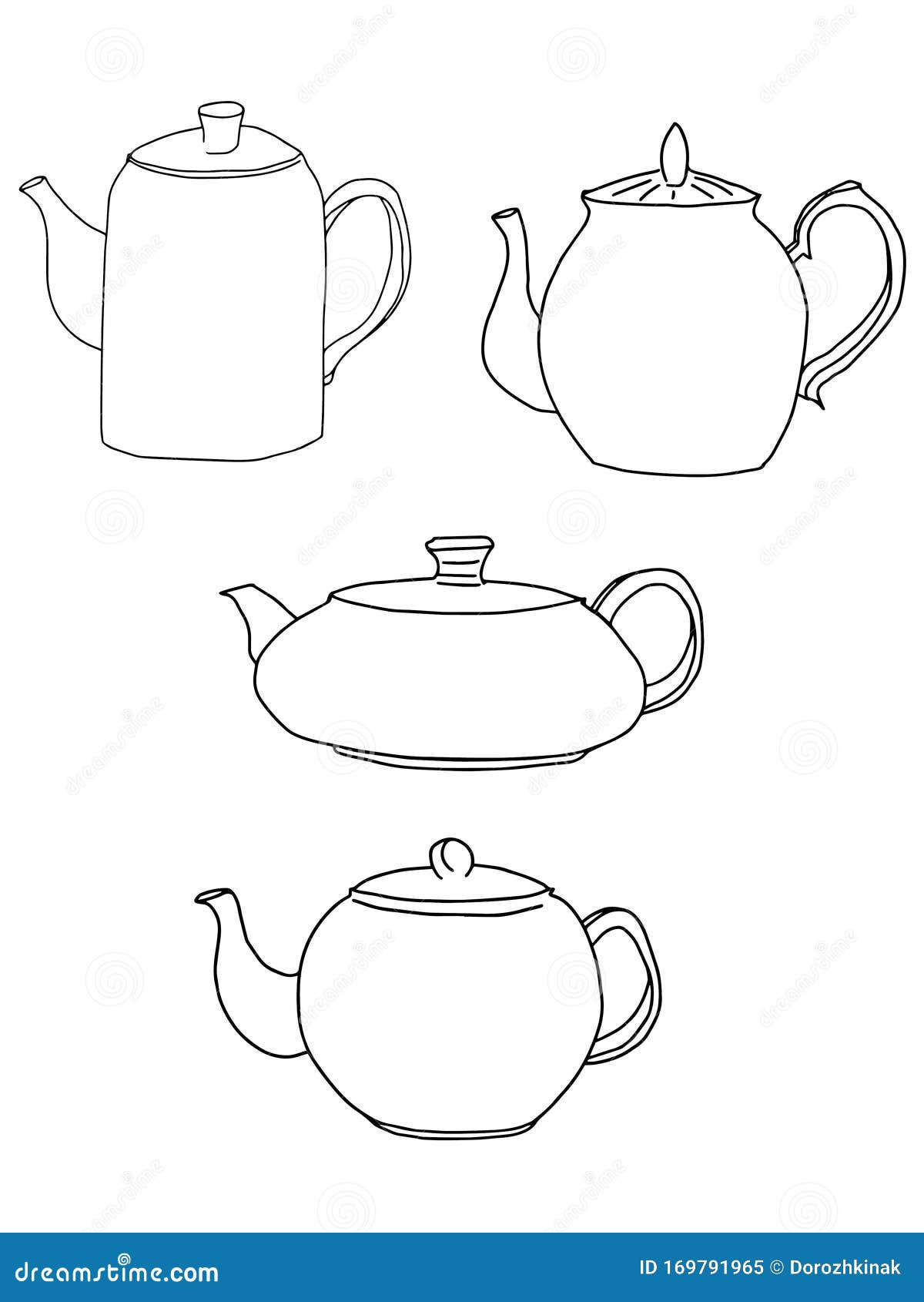 Four different teapots stock vector. Illustration of contour - 169791965