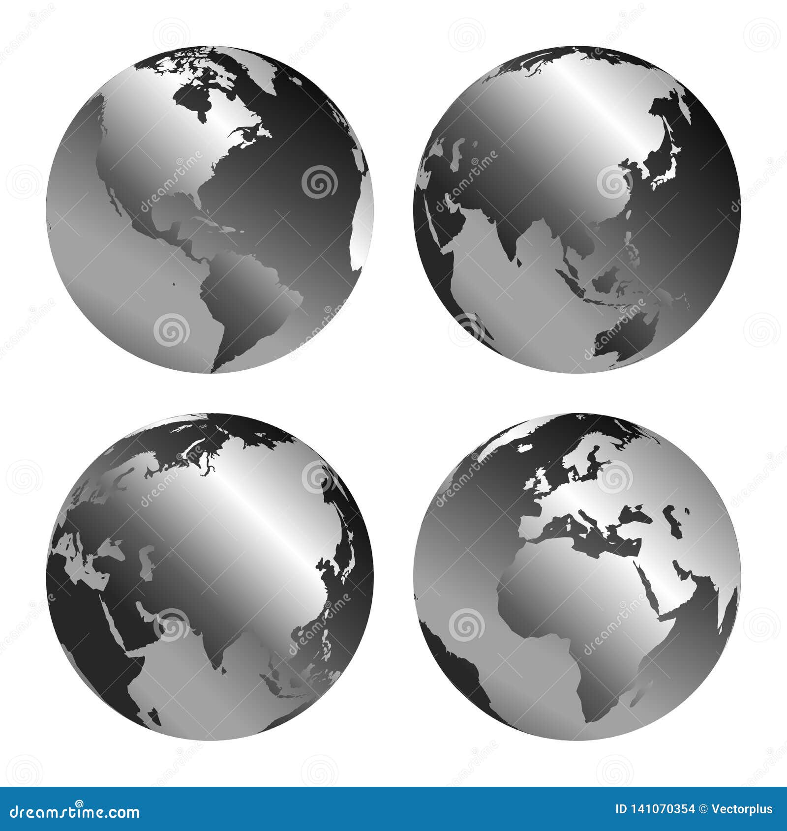 Vector Illustration of Gray Globe Icons with Different Continents Set ...