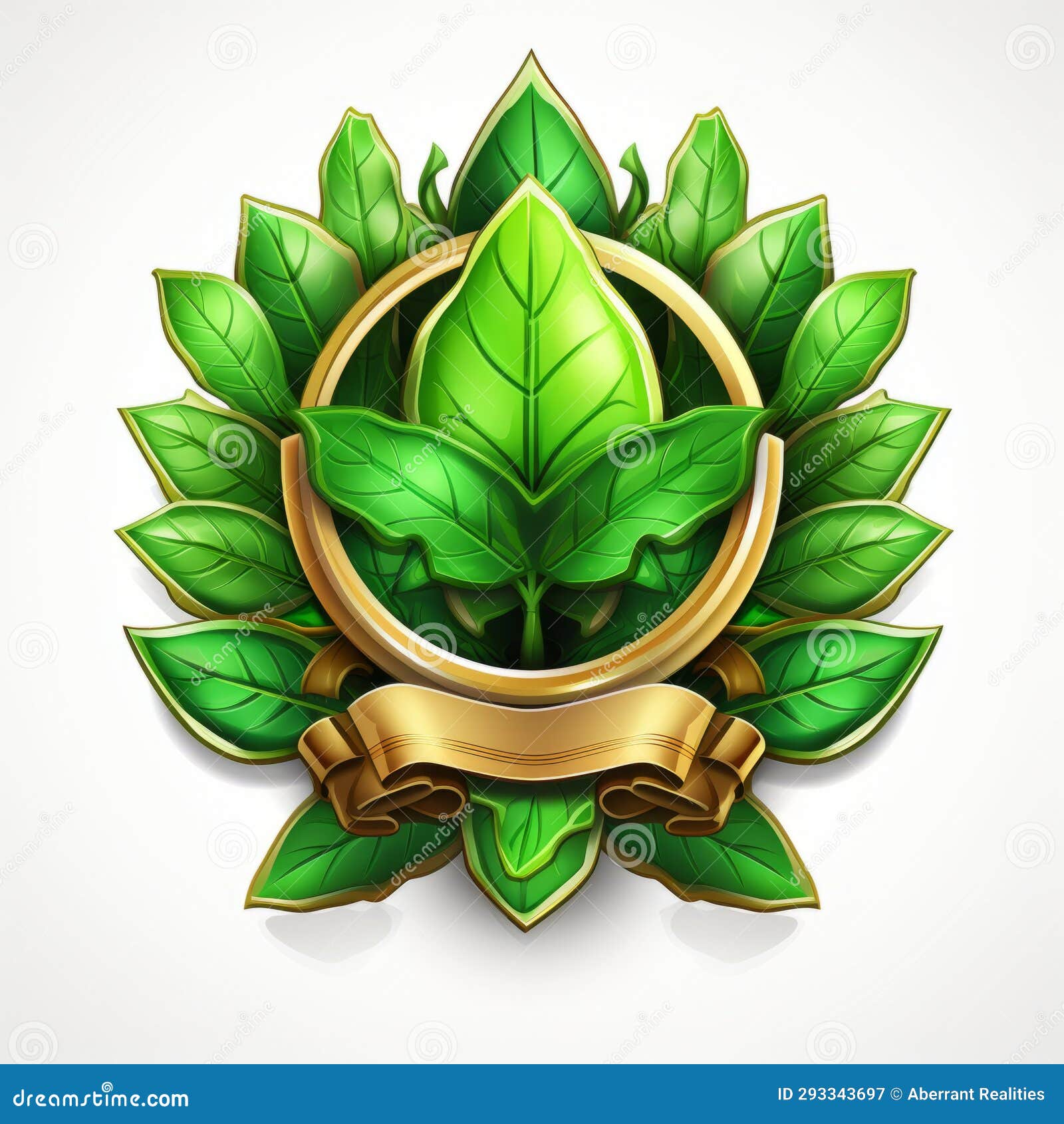 Vector Illustration of a Green Leaf Badge with a Golden Frame and ...