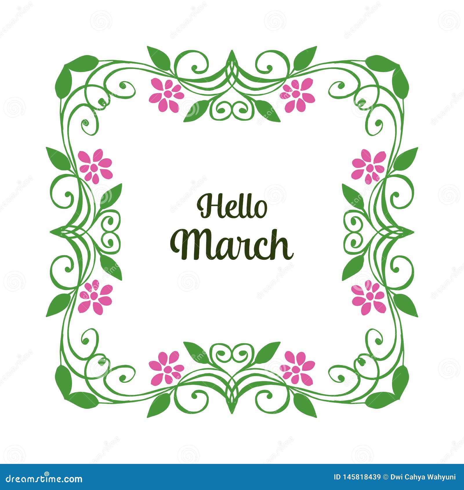 Vector Illustration Greeting Card Hello March with Leaf Flower Frame ...