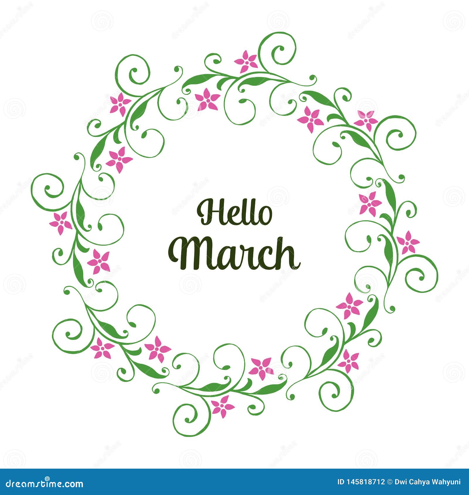 Vector Illustration Greeting Card Hello March with Leaf Flower Frame ...