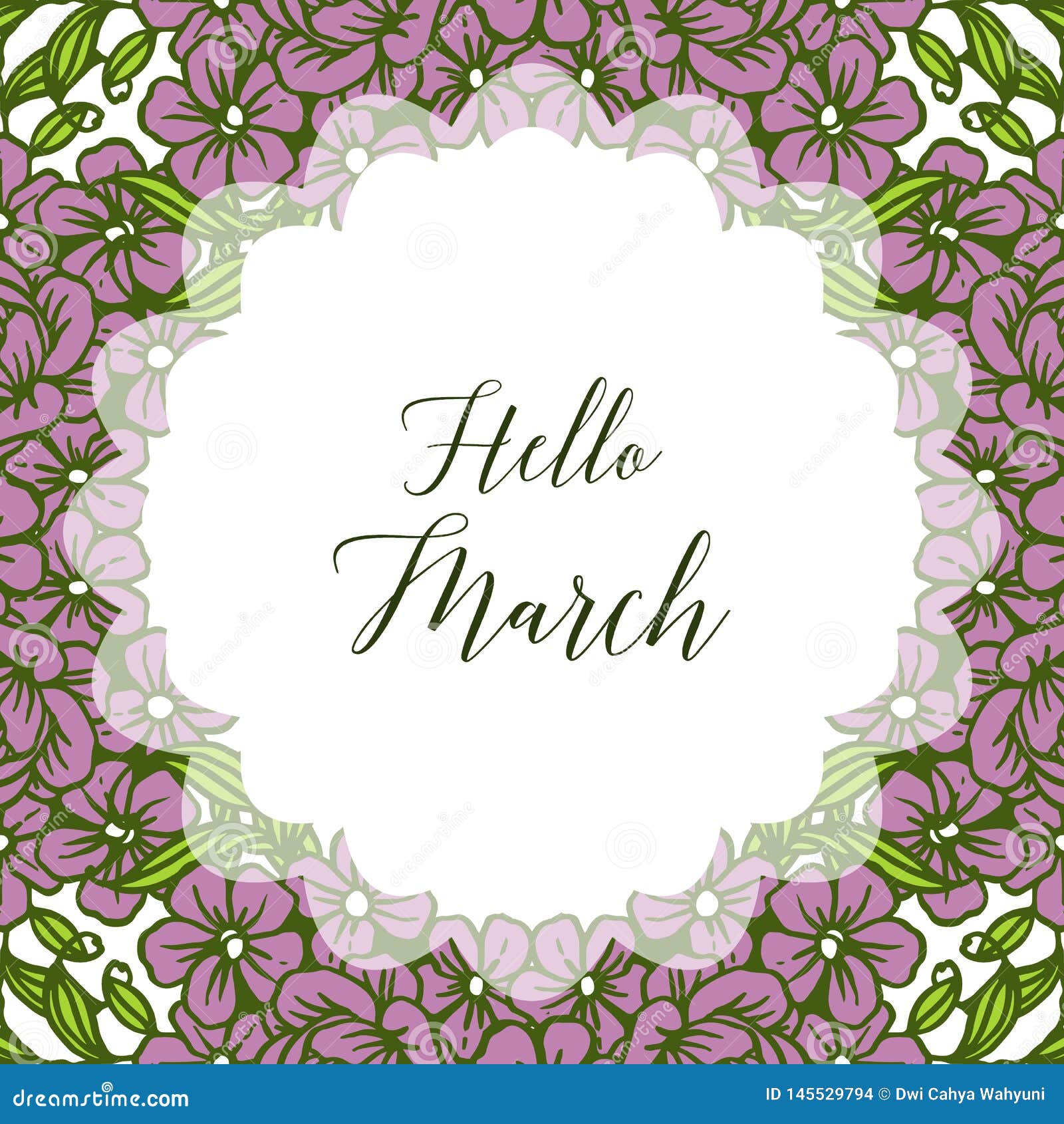 Vector Illustration Greeting Card of Hello March with Purple Flower ...