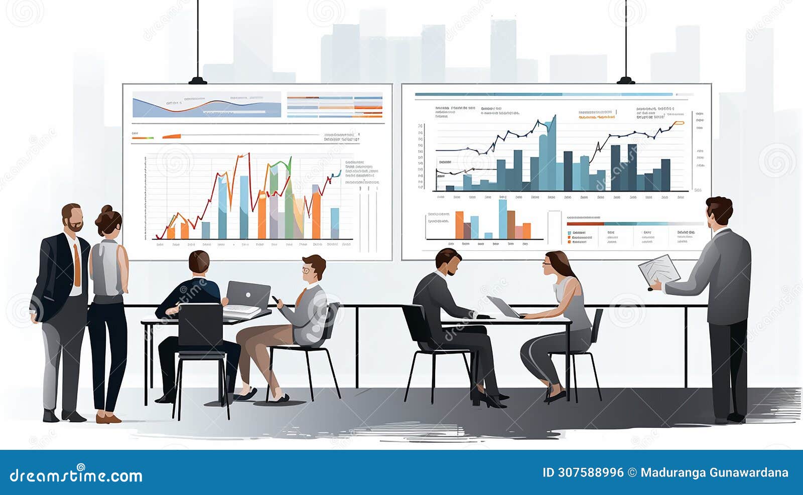 Professional Business Team Analyzing Graphs in Office Vector Cartoon ...