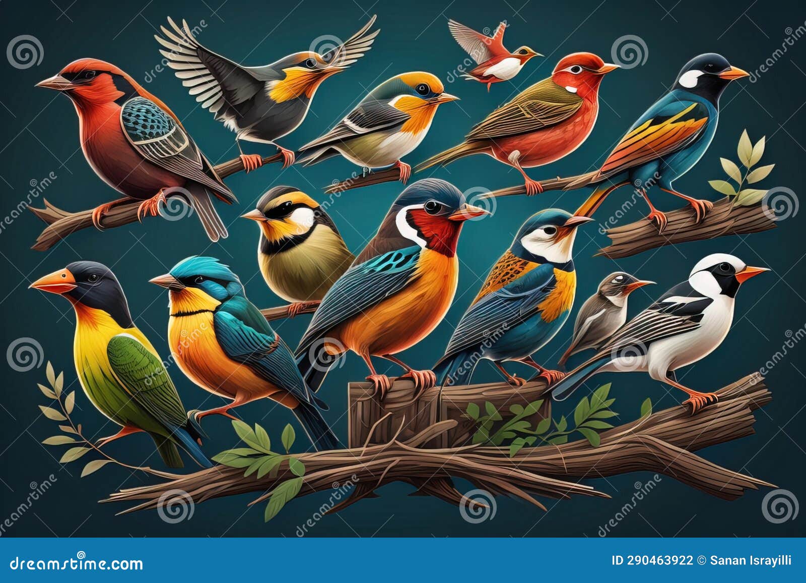 Vector Illustration of a Group of Colorful Birds Sitting on a Branch ...