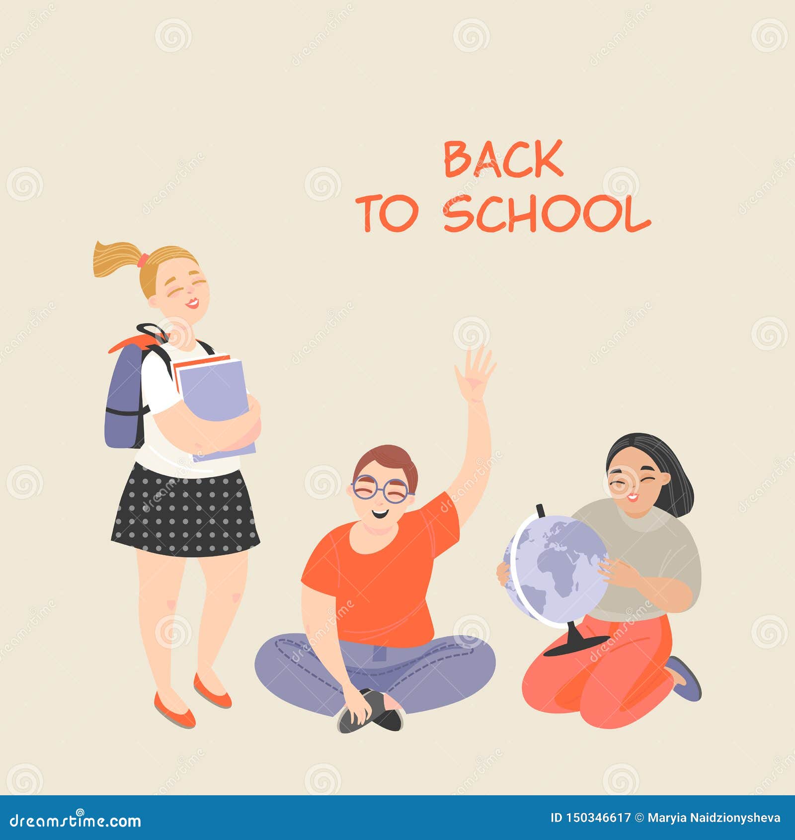 Vector Illustration of a Group of Pupils with Books and a Globe Stock ...