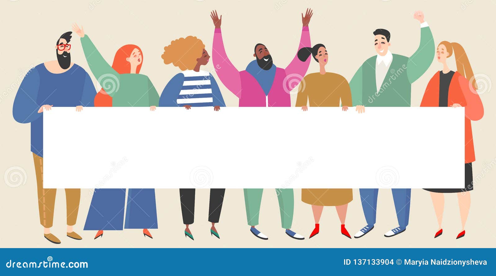 Vector Illustration With A Group Of Young Women And Men Holding Empty