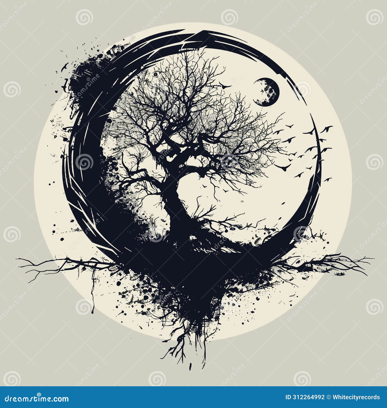 Vector Illustration of a Grunge Background with Moon and Tree ...