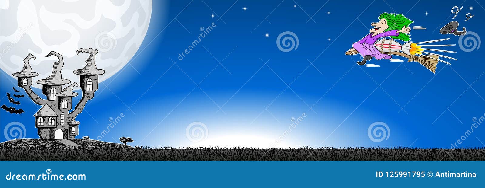 Halloween Banner with a Witch Flying on a Rocket Powered Broom Stock ...