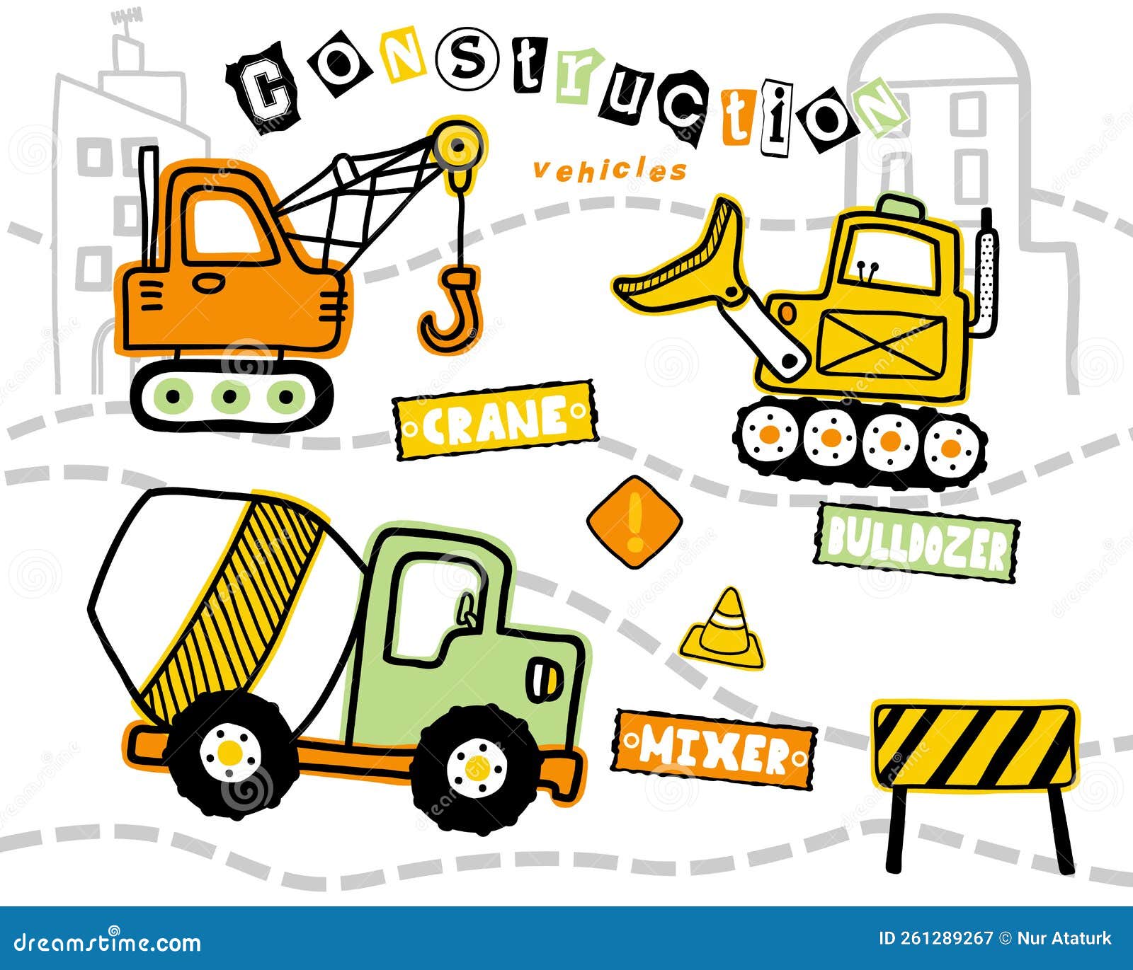 Vector Illustration of Hand Drawn Construction Vehicles Cartoon ...