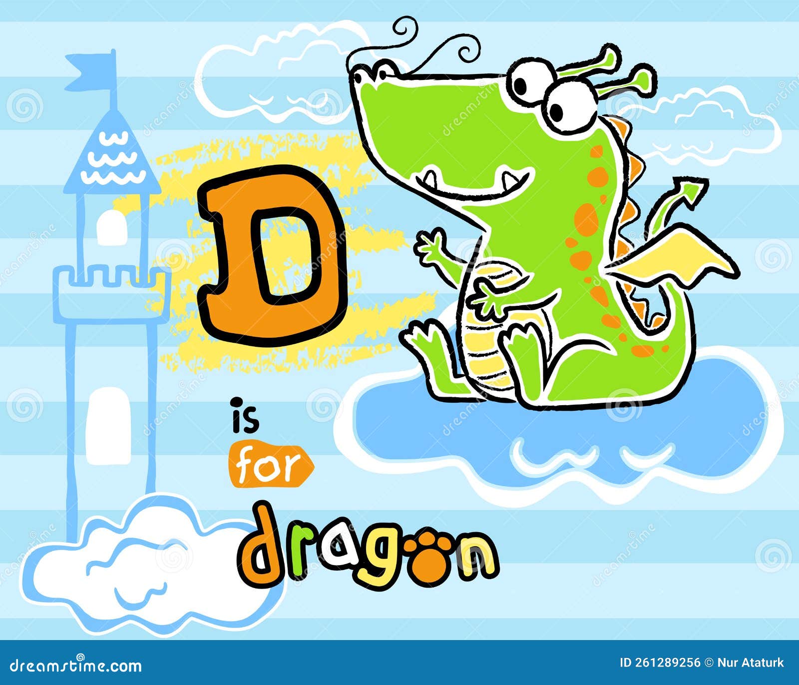 Vector Illustration of Hand Drawn Dragon Cartoon Sitting on Cloud ...