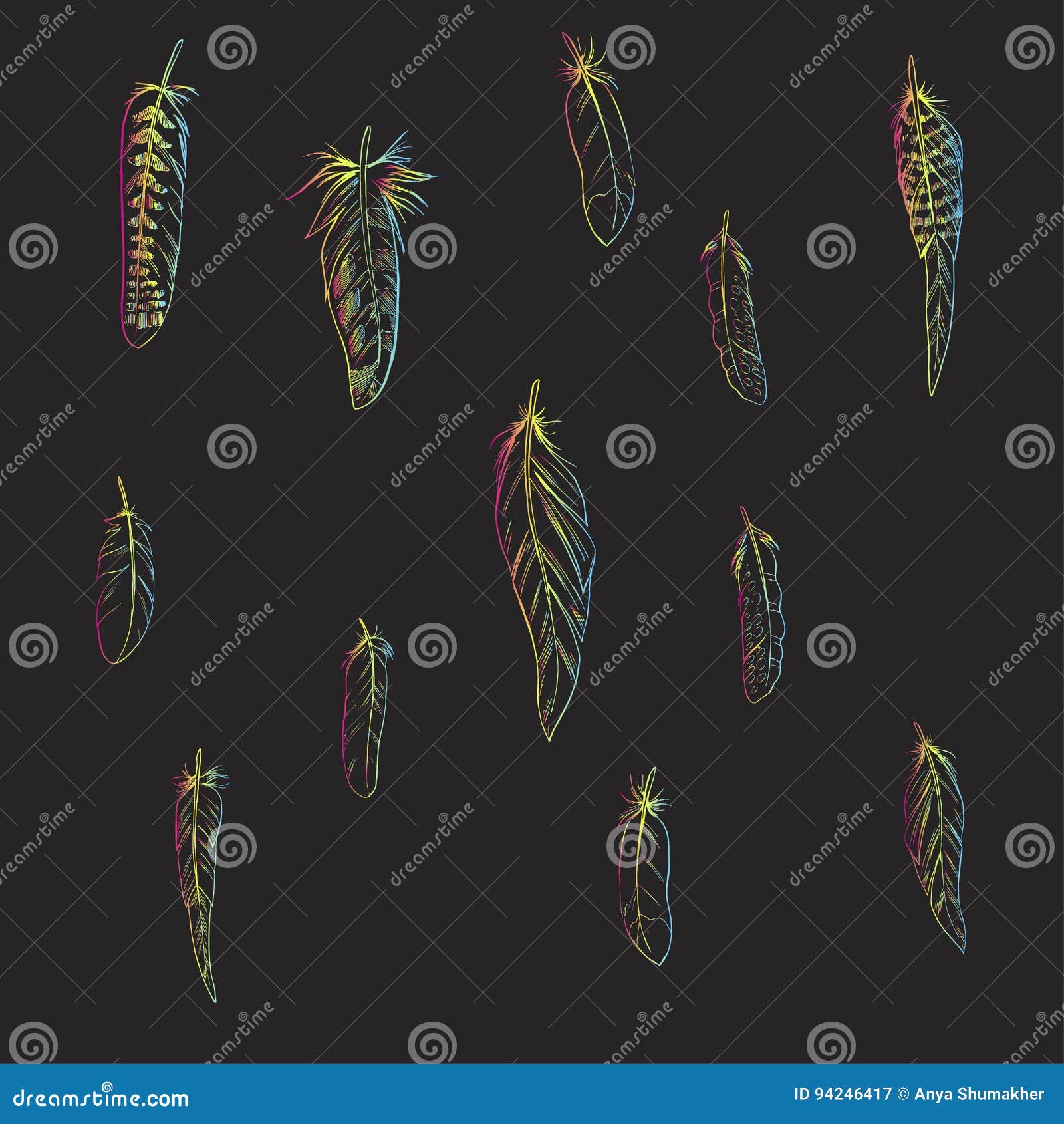 Vector Illustration of a Hand Drawn Feathers. Set on a Black Background ...