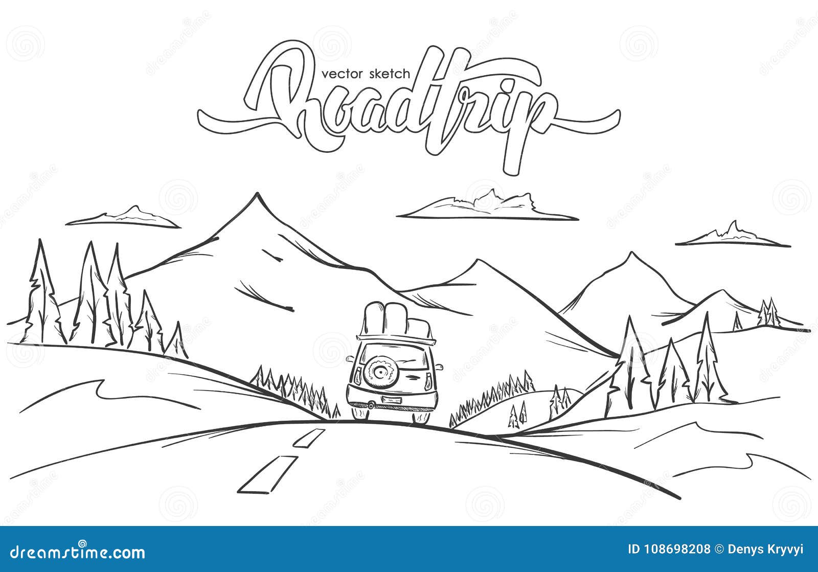Vector Illustration: Hand Drawn Mountains Landscape with Rides Car and ... Vector Illustration: Hand Drawn Mountains Landscape with Rides Car and ...