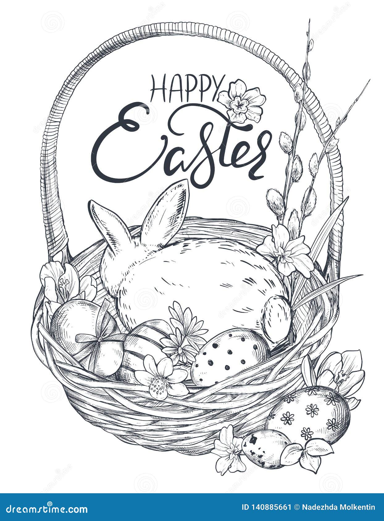 Vector Illustration of Hand Drawn Rabbit in the Basket with Ornate Eggs ...