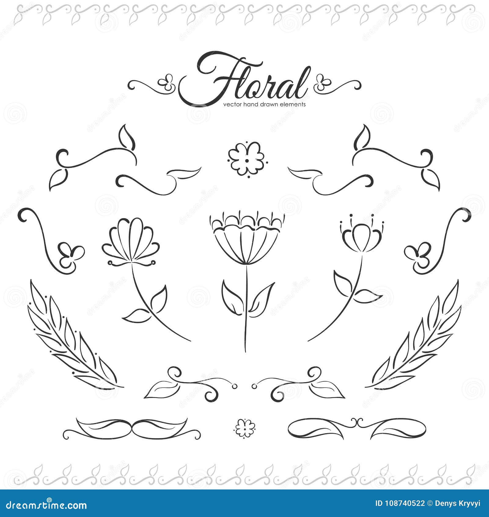 Vector Illustration: Hand Drawn Set of Floral Elements. Sketch Line ...