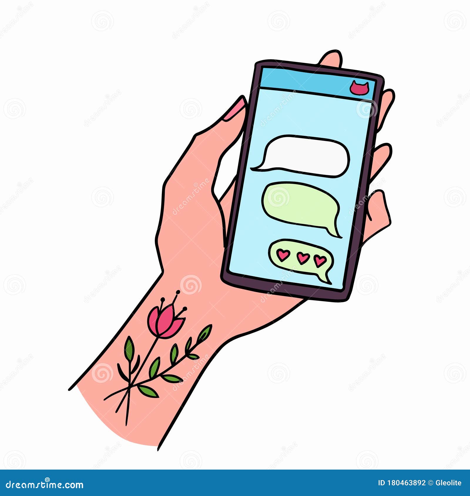 Vector Illustration in Hand Drawn Style with Chat on Phone Screen with ...
