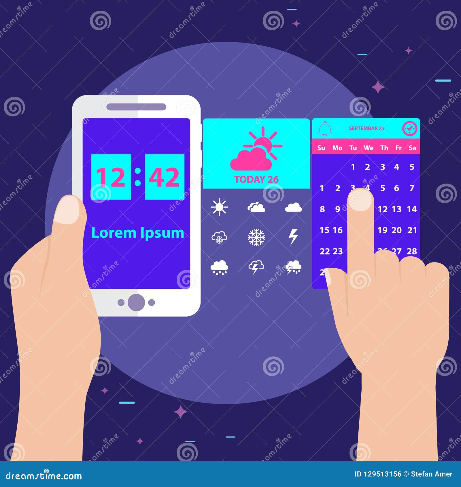 Vector Illustration of Hands Holding Mobile with Time and Date Stock ...