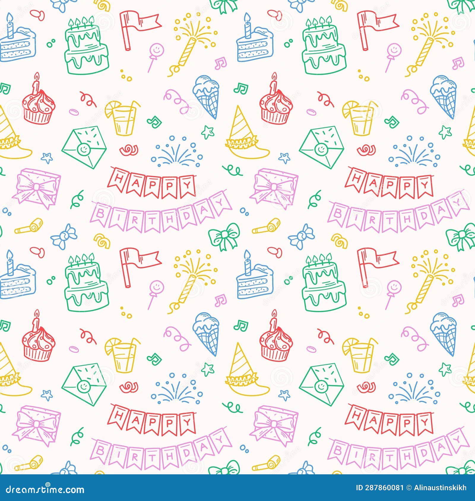 Vector Illustration Happy Birthday Party Doodle Seamless Pattern. Stock Illustration ...