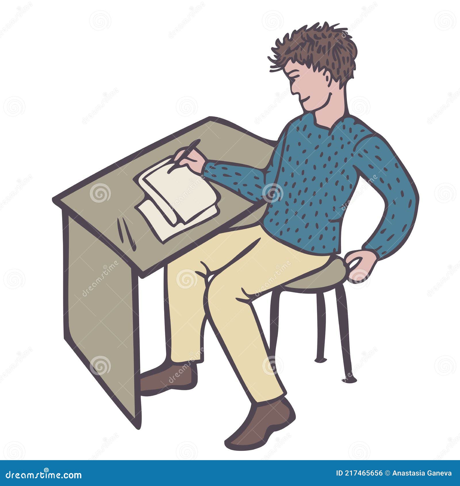 Vector Illustration of a Happy Man Writing or Drawing while Sitting at ...